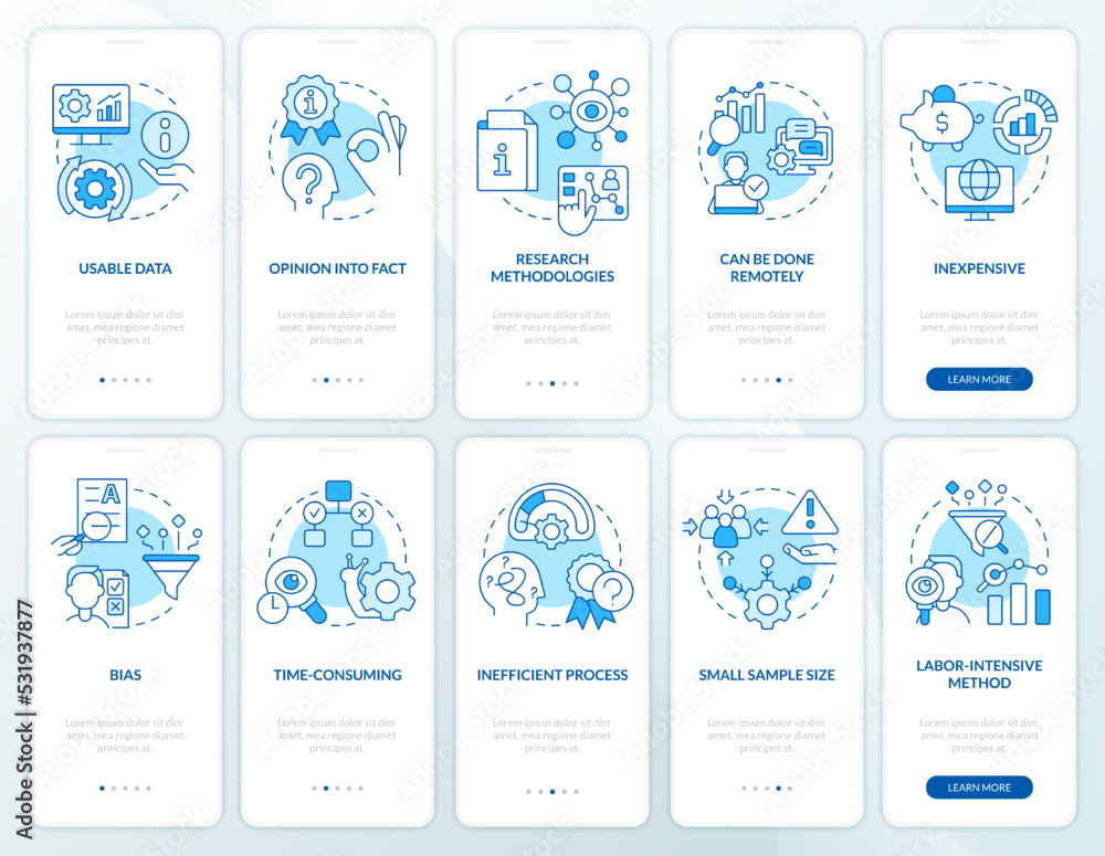 Pros and cons of case study blue onboarding mobile app screen set ...