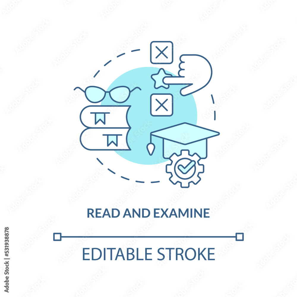 Read and examine turquoise concept icon. Analyzing facts. Structure of ...