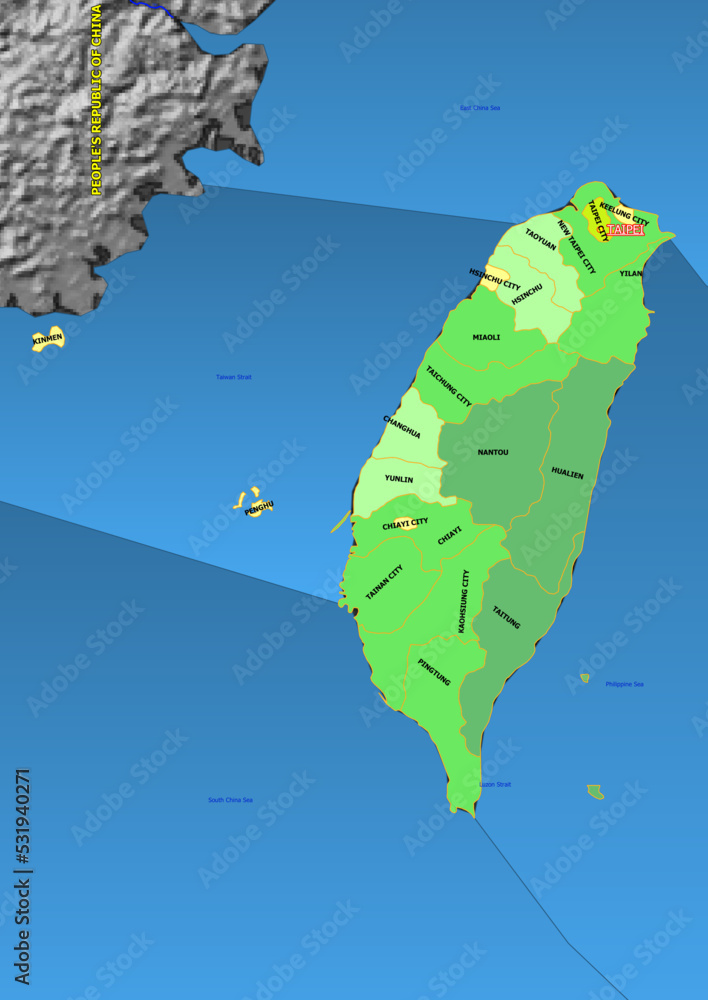 Administrative and political colored vector Map of Taiwan with ...