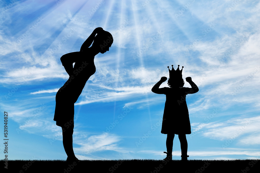 Selfishness. Dissatisfied parent Mom and selfish child girl with a ...