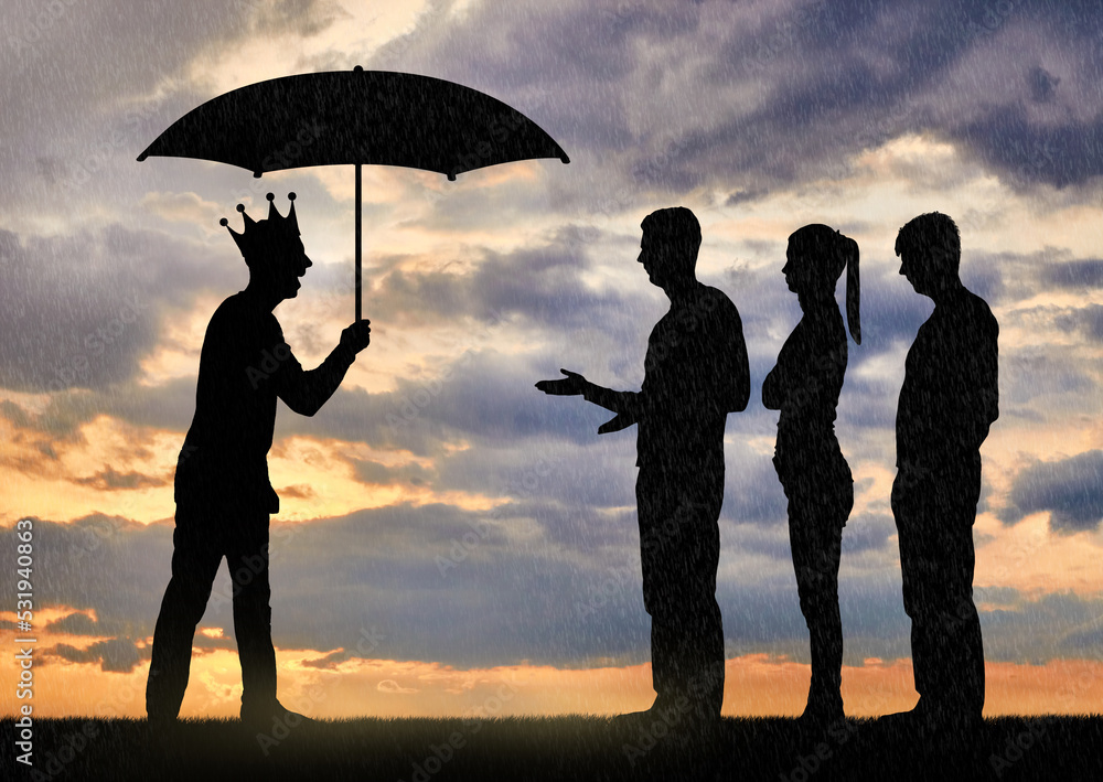 Selfishness and arrogance. Selfish man with a crown holding an umbrella ...