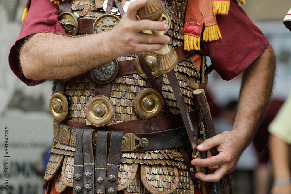 Details with the armor and clothing of an Ancient Roman general during ...