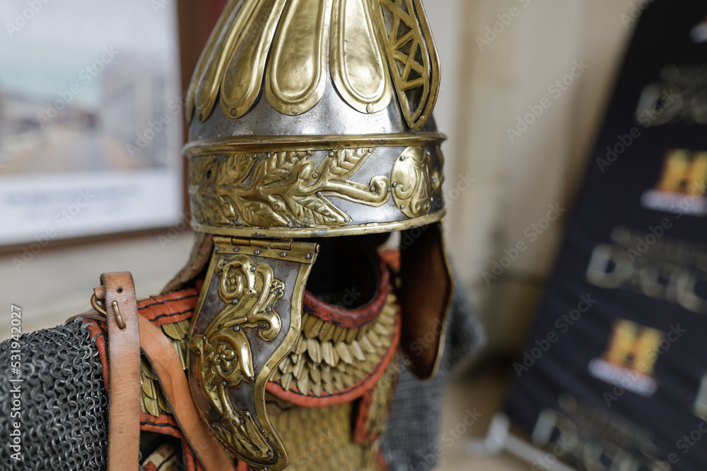Details with an ancient Dacian replica helmet during a historic ...