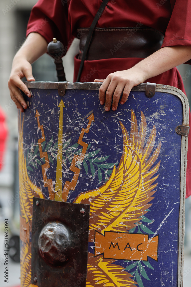 Details with an ancient Roman soldier's shield and sword (gladius ...