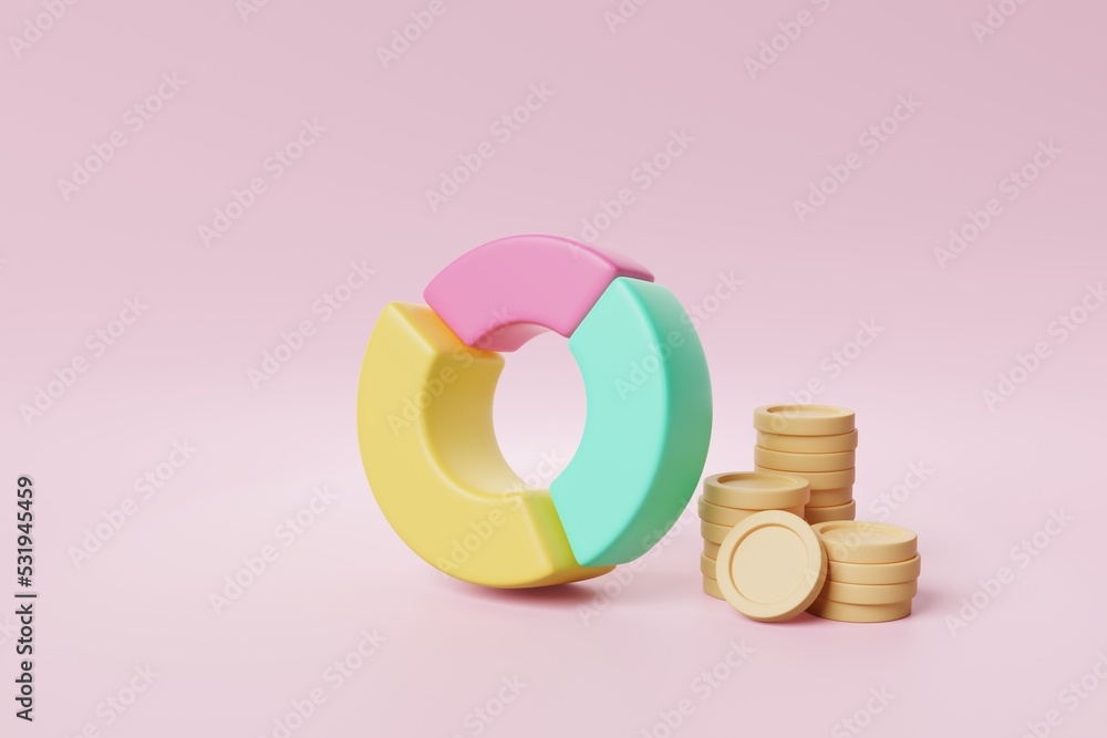 Pie chart graph with money stacking coin on pink background. Business ...