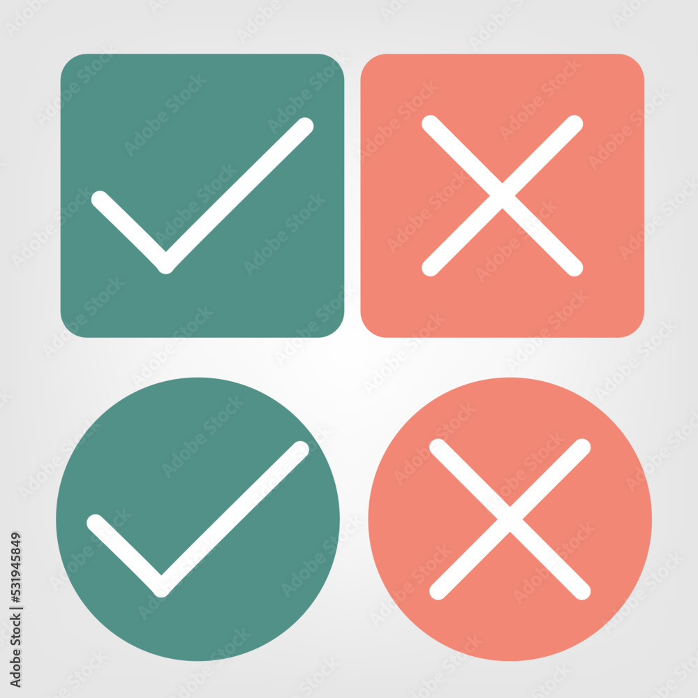 Realistic right and wrong Button. A set of glossy round icons with a ...