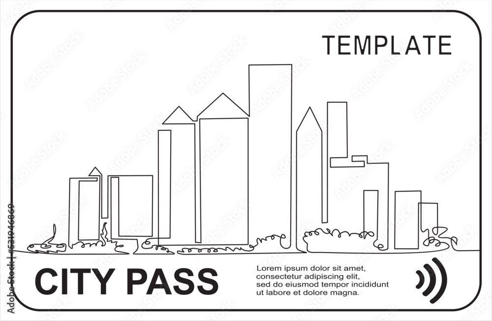 City pass. Continuous one line drawing of Modern cityscape. Bus, train ...
