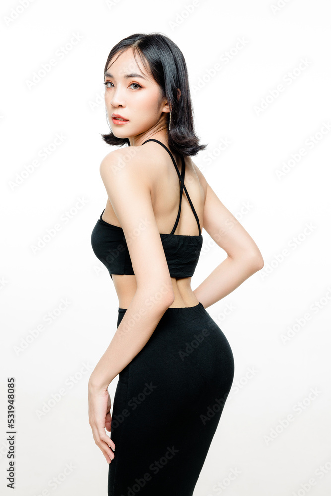 Fashionable asian woman short hair with Perfect body. Cute female model with natural makeup and ...