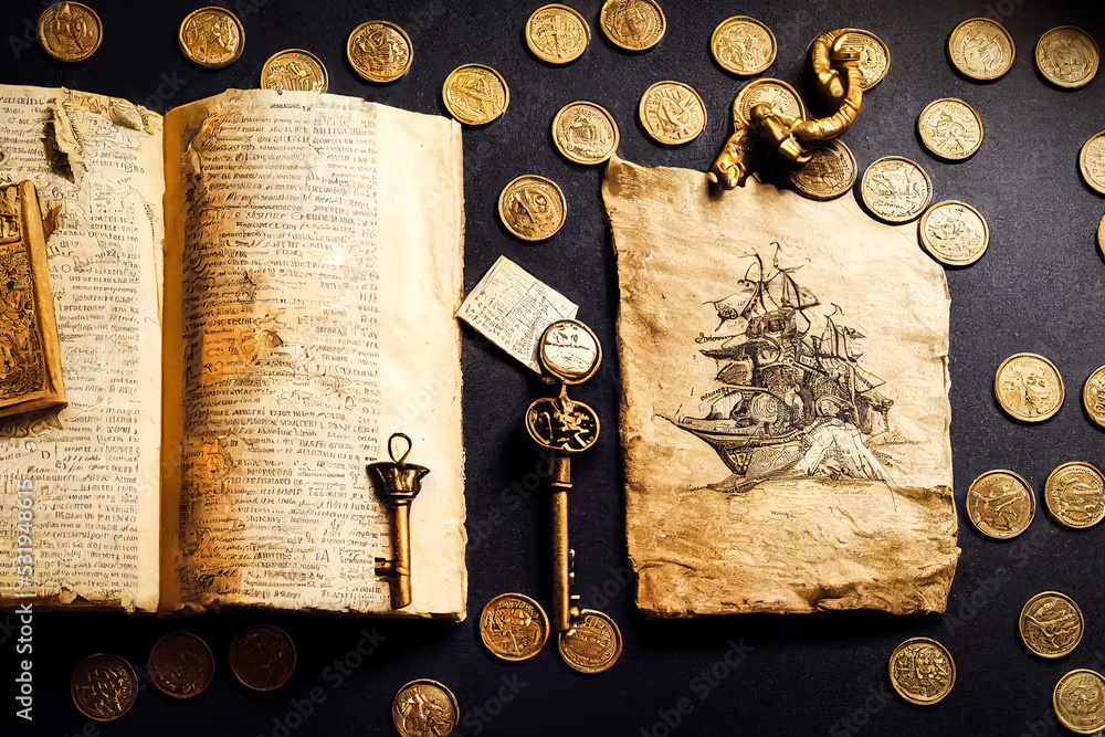 Clean and striking background composed of open captain's logbook, a ...