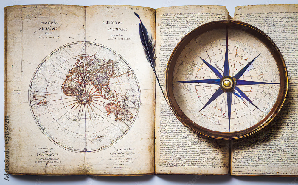 Soothing illustration of a vintage compass and an ancient manuscript on ...