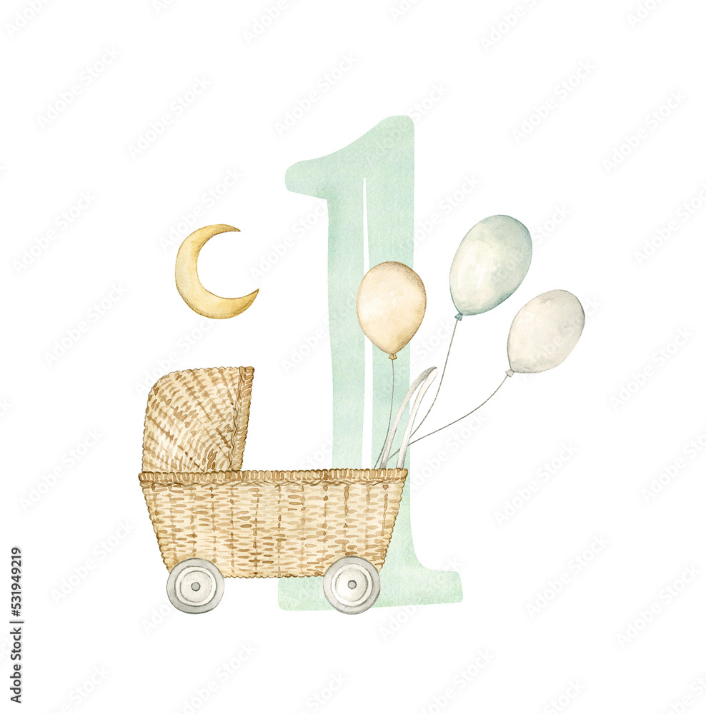 Watercolor illustration card with number 1, baby stroller, moon ...