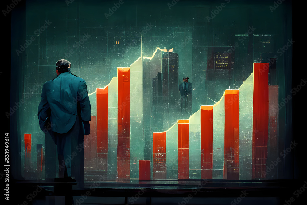grotesque cartoon business man figure in front of bizarre styled charts ...