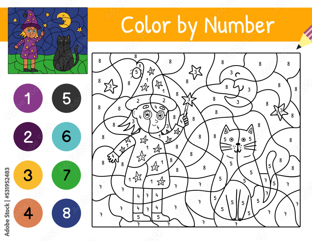Halloween color by number game with cute witch and cat. Trick or treat ...