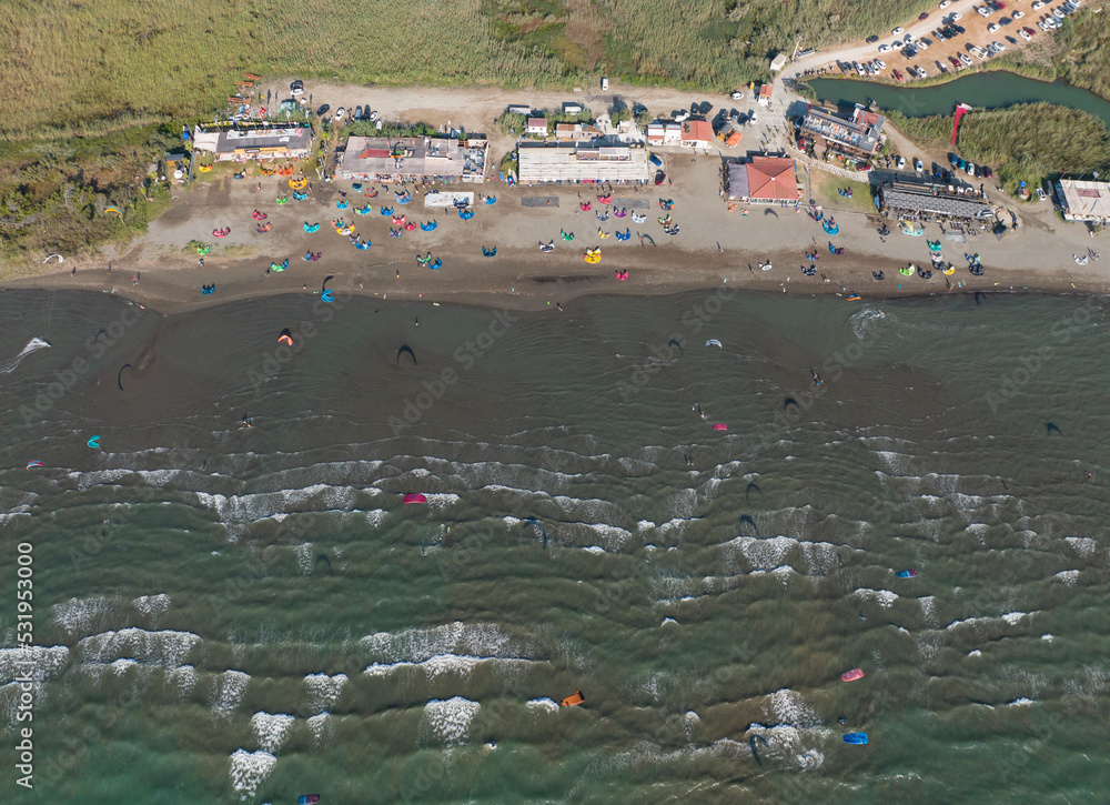 Kite Surfing in the Akyaka Beach Drone Photo, Akyaka Mugla, Turkey ...