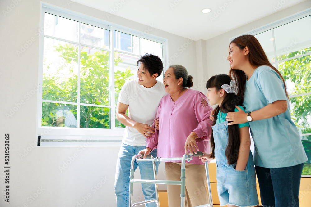 Happy asian family feel excitement moving to new house, Grandmother ...