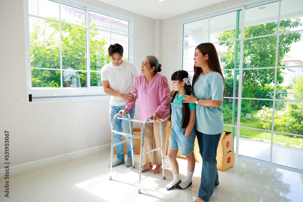 Happy asian family feel excitement moving to new house, Grandmother ...