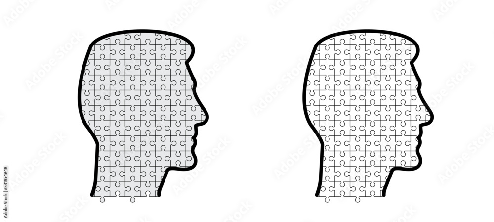 jigsaw puzzle pieces, head or face human profile concept. Line pattern ...