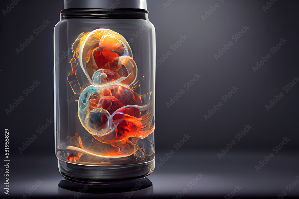 human baby embyo inside incubator breeding tank on gray background ...