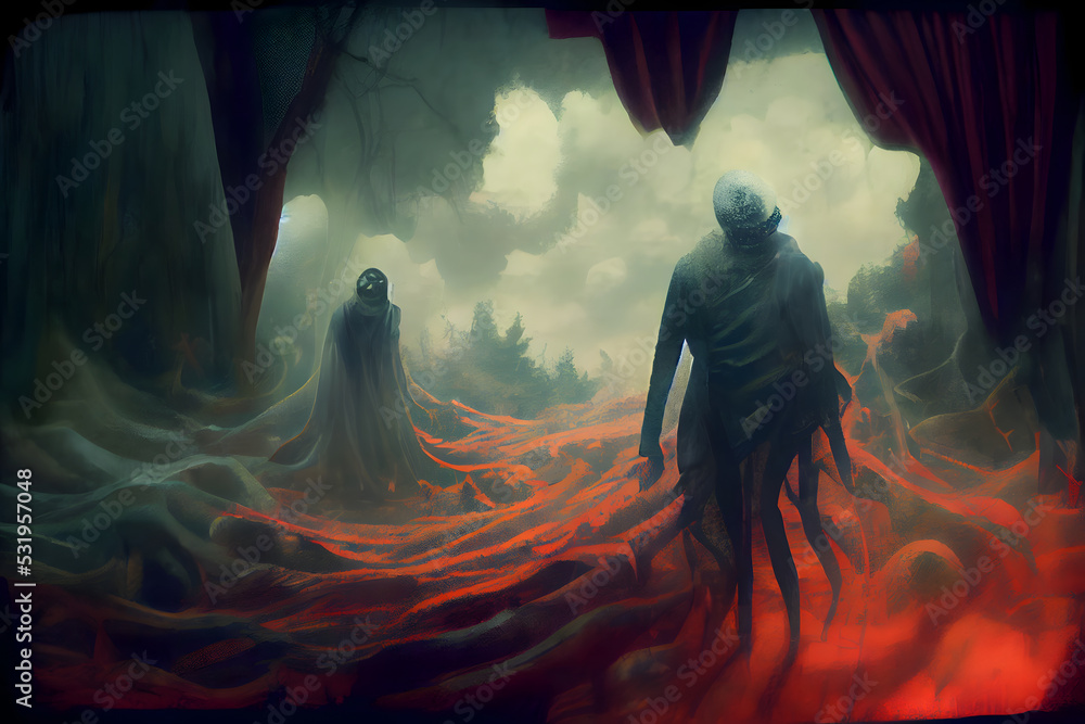 creepy nightmare creature figures in fantasy spooky realm, neural ...