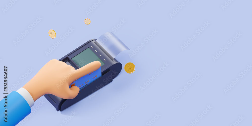 Bank terminal with a cartoon hand and a plastic card to pay for ...