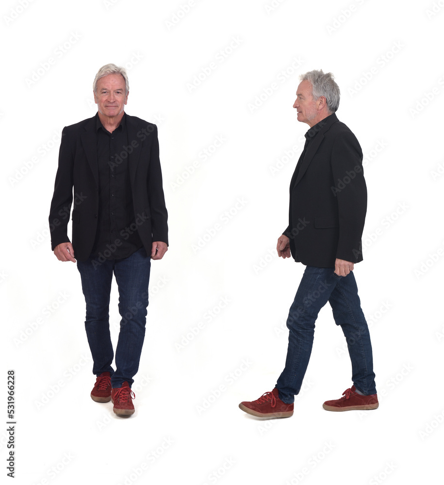 front and side view of same men walking on white background Stock Photo ...