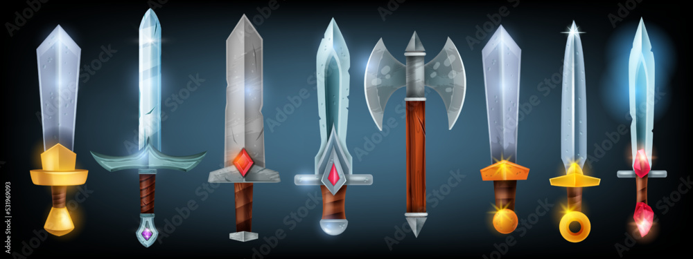 3D sword vector game set, pirate fantasy RPG weapon icon kit, medieval knife cartoon assets ...