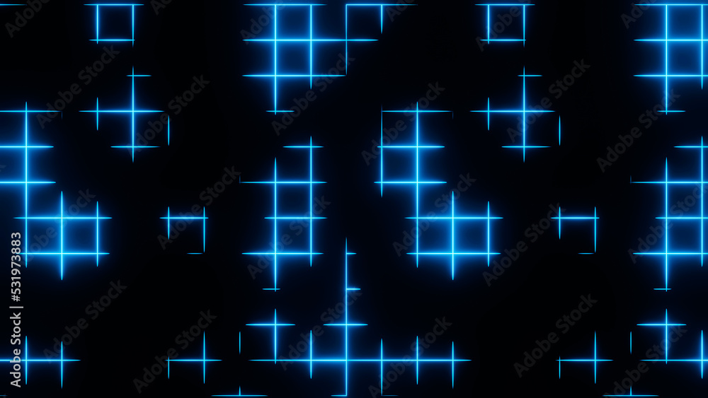 Blue partially glowing neon grid on a black background. 3d background ...