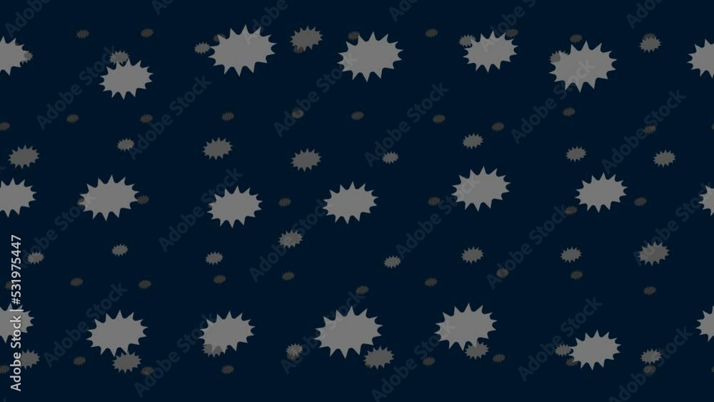 Explosion symbols float horizontally from left to right. Parallax fly ...