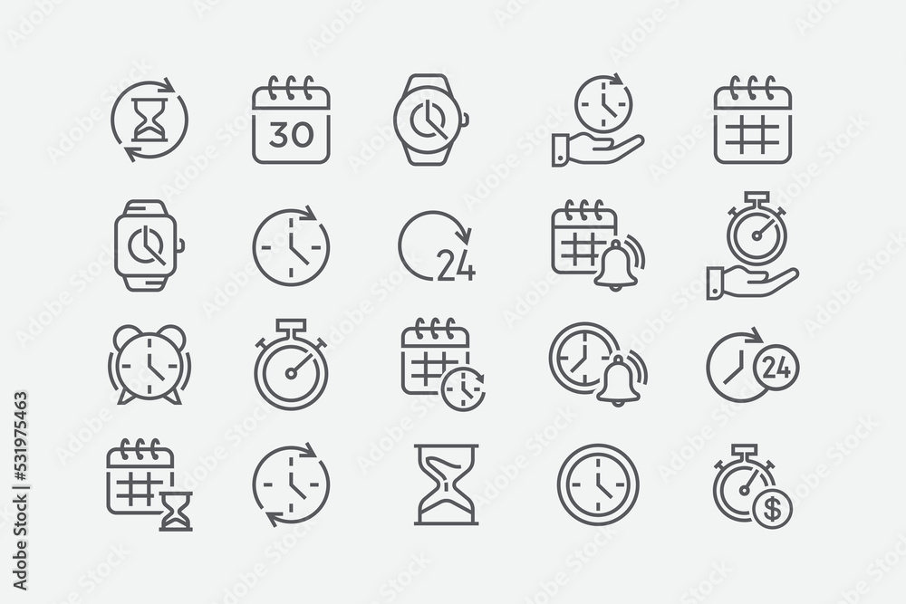 Time and clock vector linear icons set. Timer, alarm, calendar, time ...