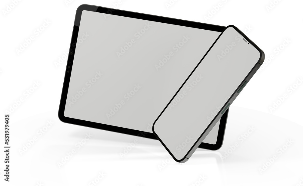 Blank screen realistic tablet frame, rotated position, side view, top ...