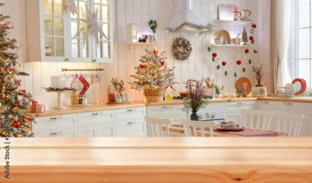 Empty wooden table on background of light christmas kitchen in ...