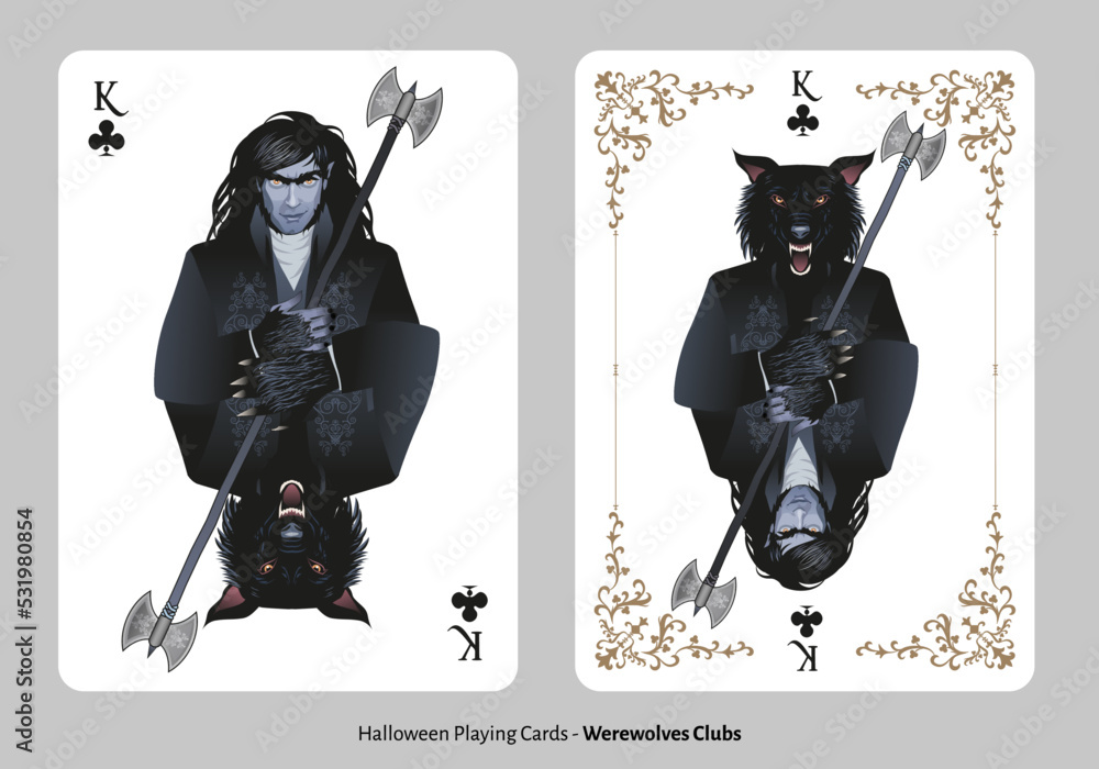 Halloween playing cards. King of Clubs. Werewolves. Werewolf dressed in ...