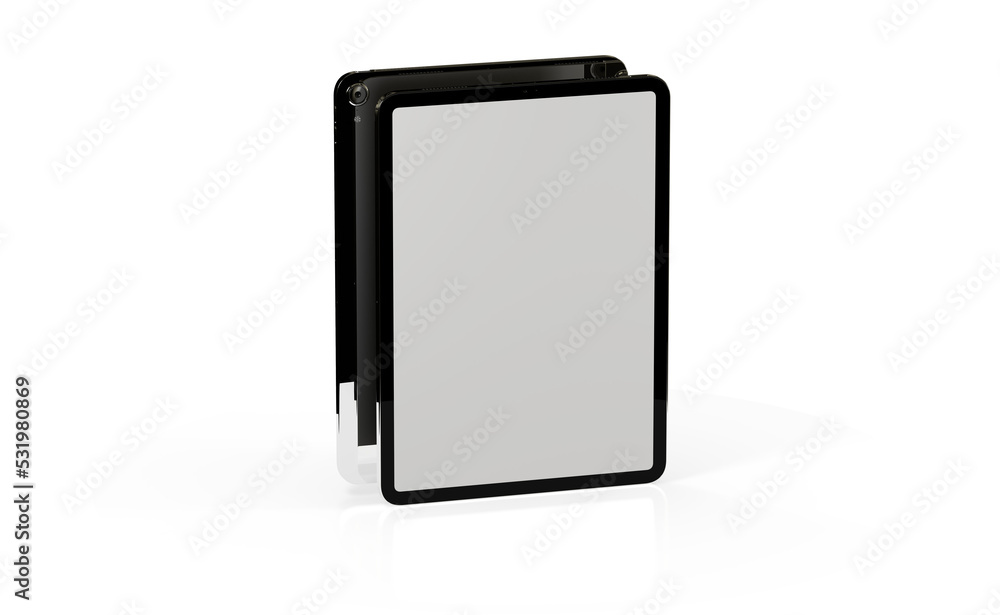 Blank screen realistic tablet frame, rotated position, side view, top ...