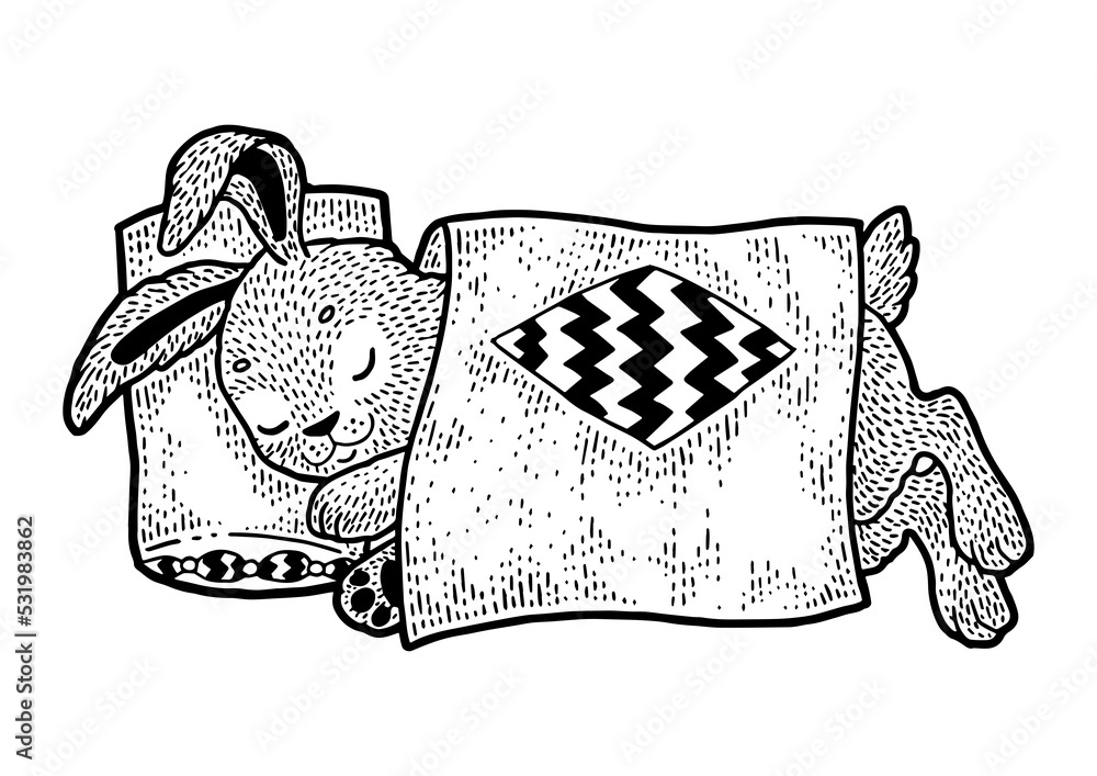 Cartoon sleeping rabbit sketch engraving PNG illustration with ...