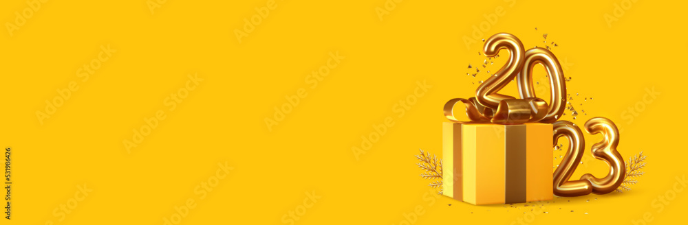 2023 Happy New Year Realistic T Box Golden Metal Number 3d Render