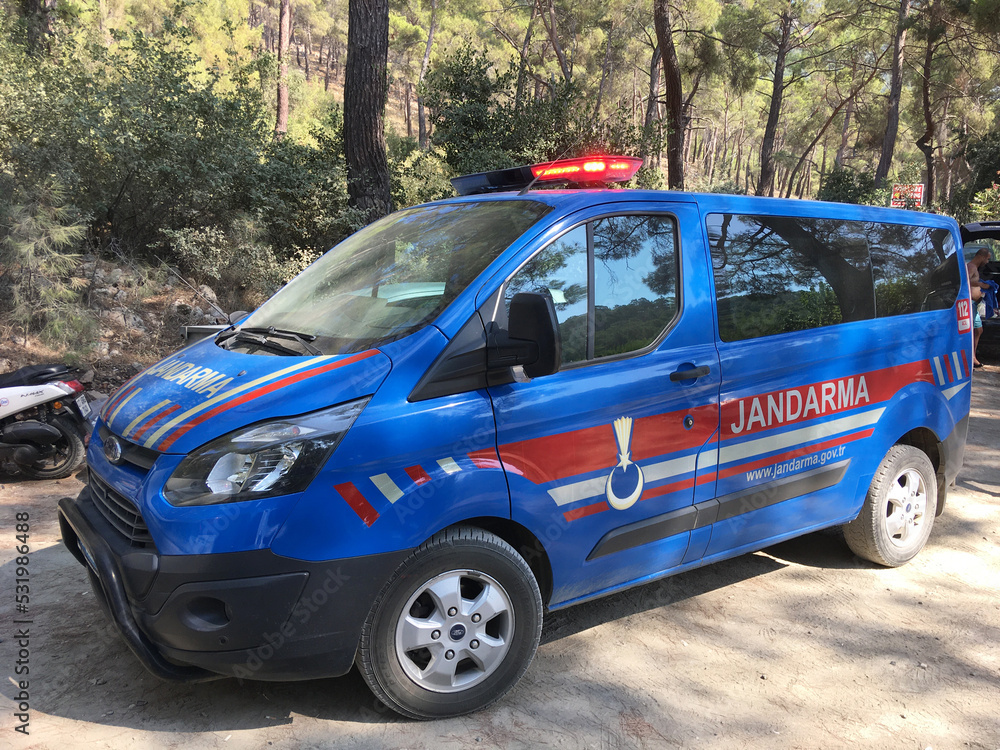 Antalya, Turkey 16.08.2022:Jandarma caption on turkish police car ...