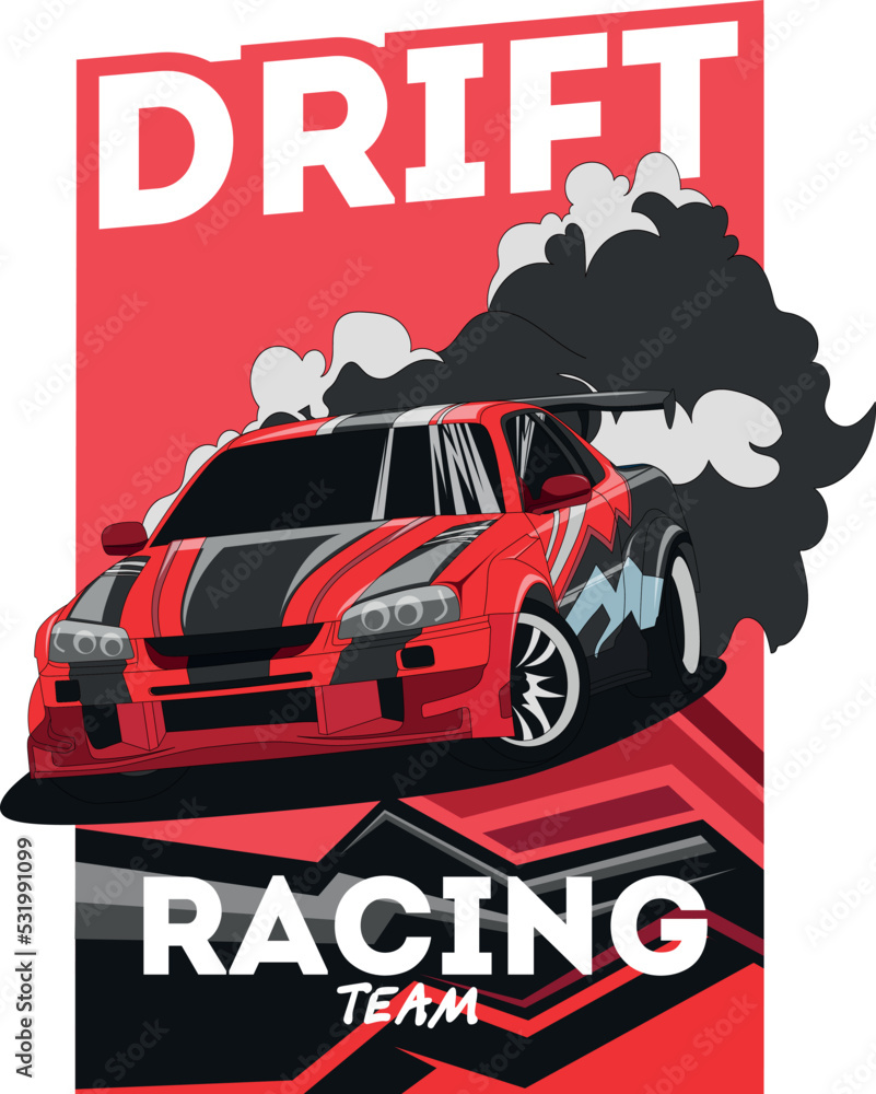 Drift car, smoke from under the wheels. Drift racing team. Realistic ...