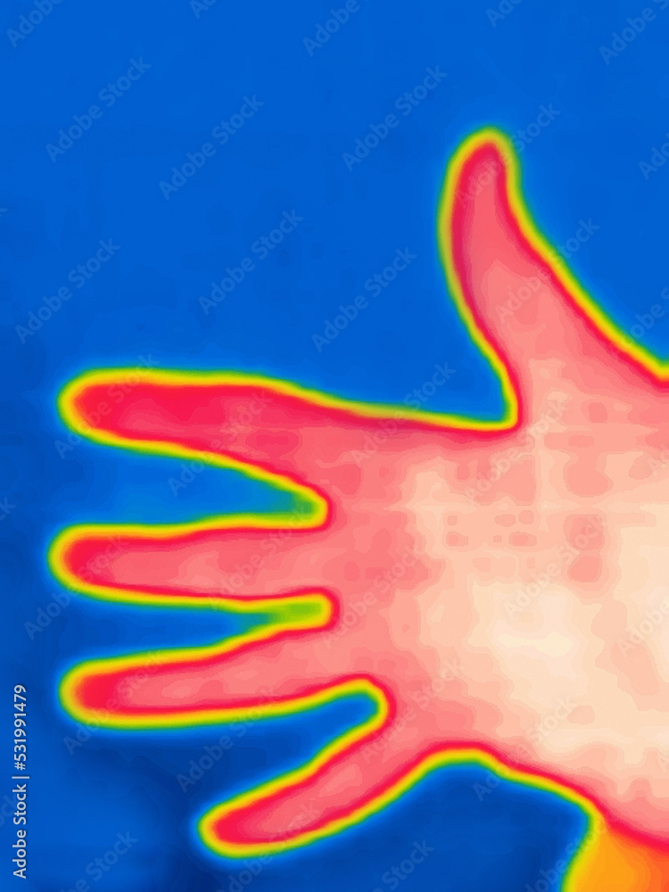 Hand gestures captured on thermal imager device. Warm hands of an ...