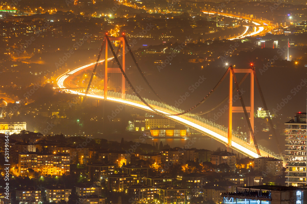 Istanbul City Night Aerial Image, Skyscrapers and Bosphorus Bridge ...