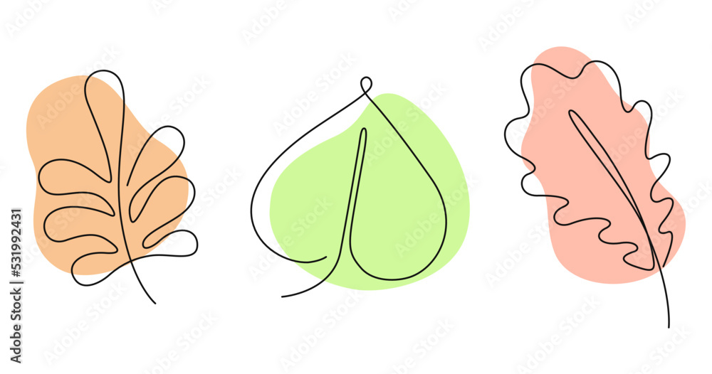 Autumn leaves set in one line art style with colorful abstract shapes ...
