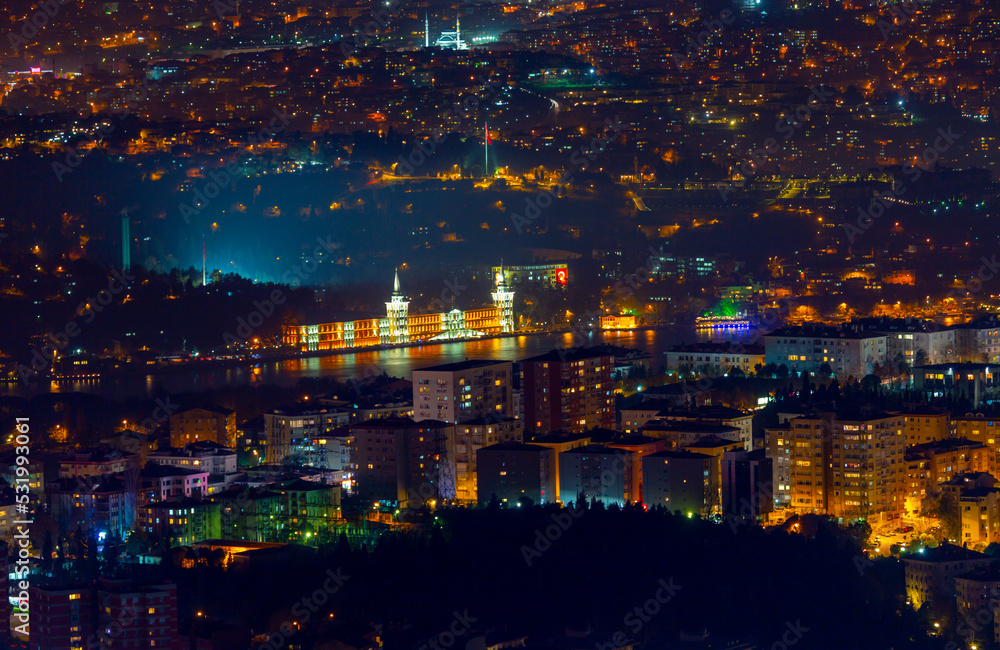 Istanbul City Night Aerial Image, Skyscrapers and Bosphorus Bridge ...