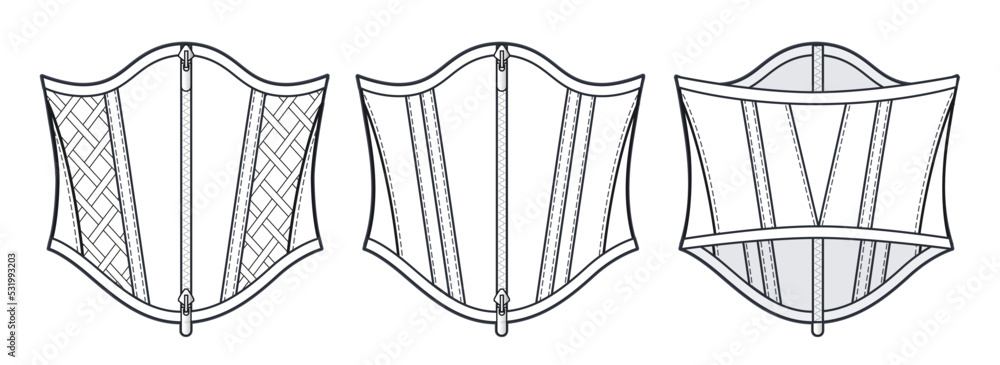 Leather Corset fashion flat technical drawing template. Zip up Denim ...