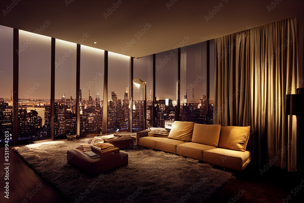 Concept art illustration of luxury penthouse living room interior in ...