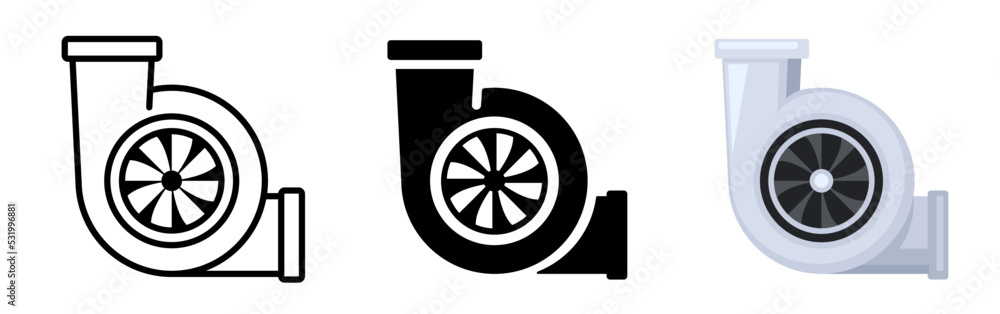 Turbocharger icon set. A set of turbines. Flat black and colored icons ...