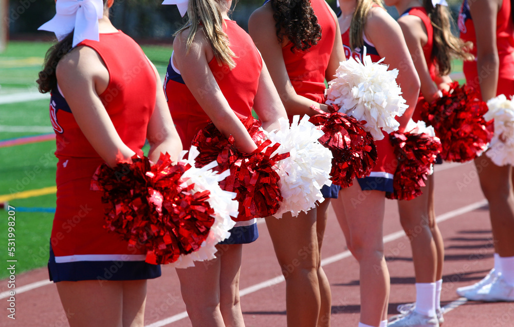 Rear view of cheerleaders on the sideline with their pom poms Stock ...