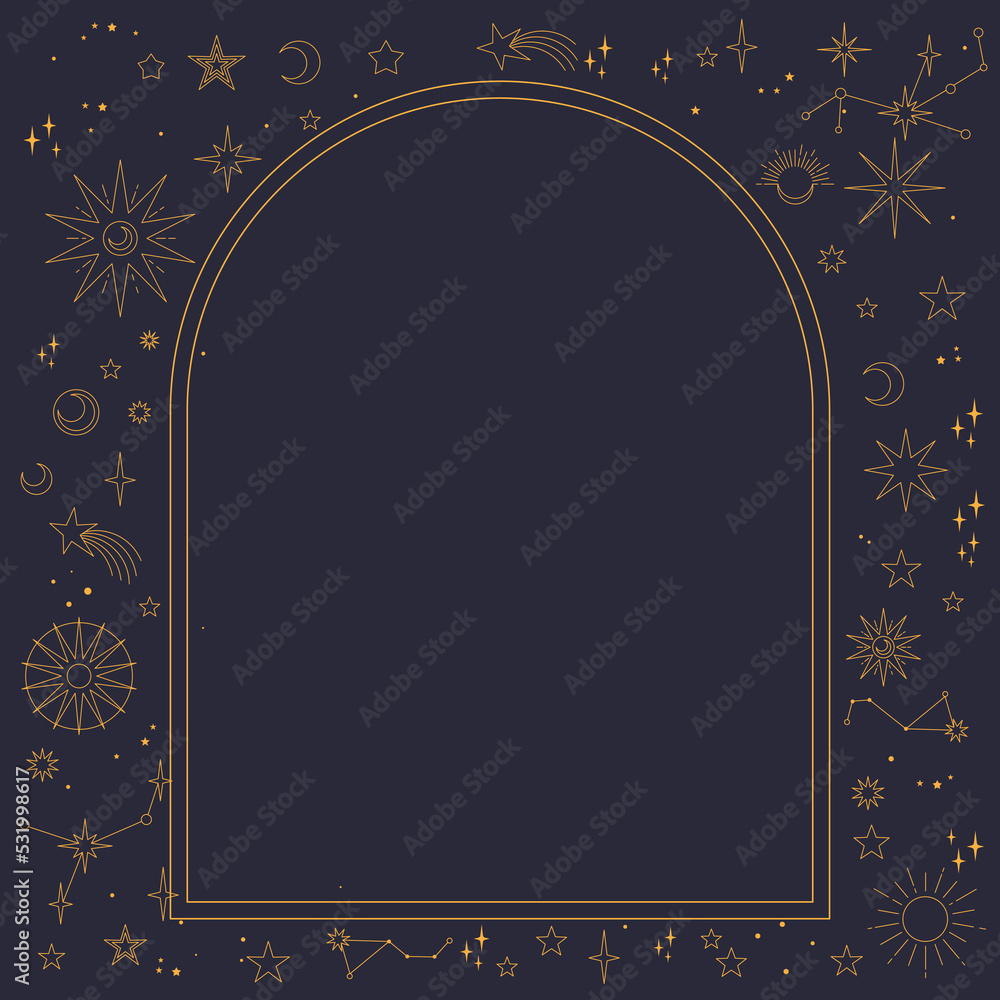 Astral celestial frame with stars, hands, sun, moon phases, and copy ...