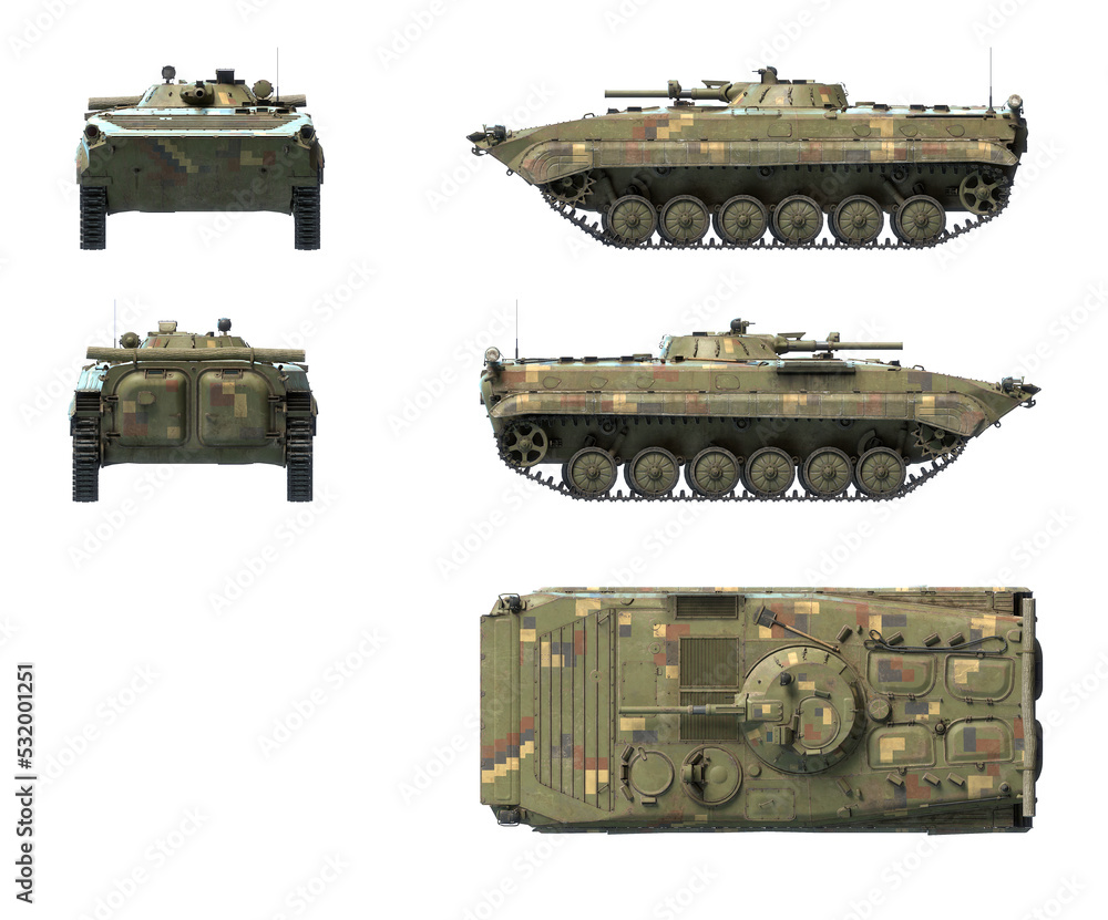 Renders of 3d-model of Soviet military vehicle BMP-1 on white background Stock Illustration ...