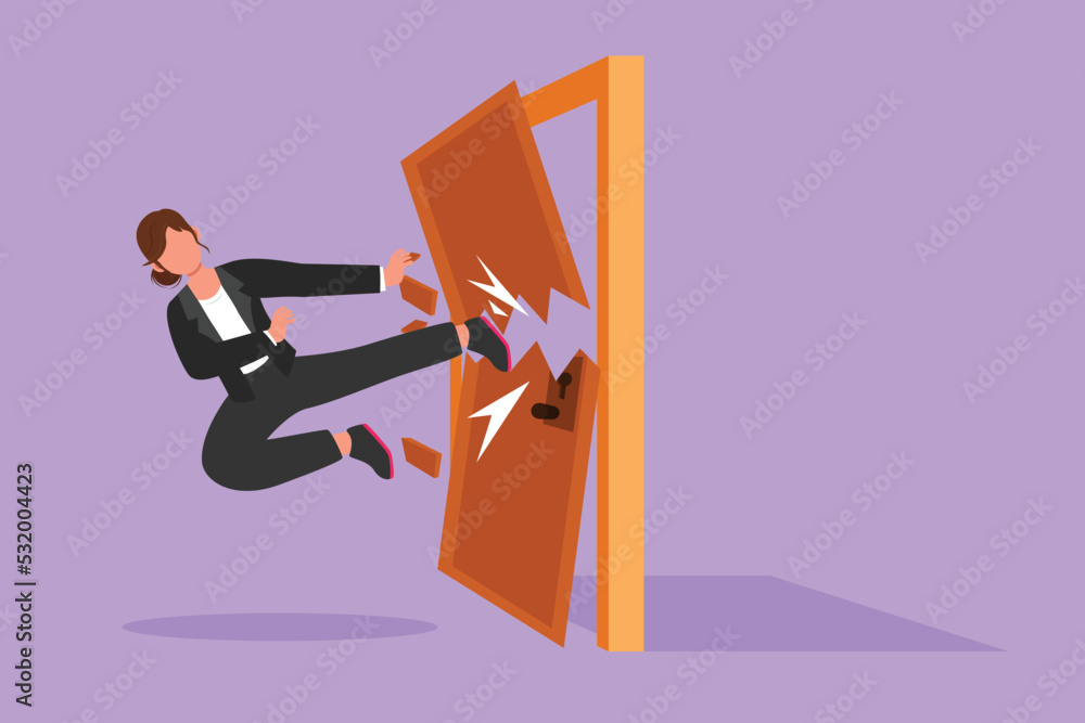 Cartoon flat style drawing businesswoman kicks the door with flying ...