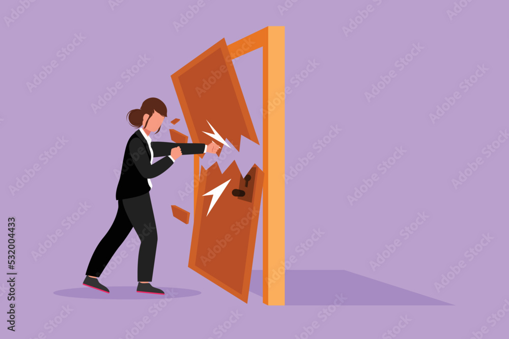 Graphic flat design drawing businesswoman punching and destroying door ...
