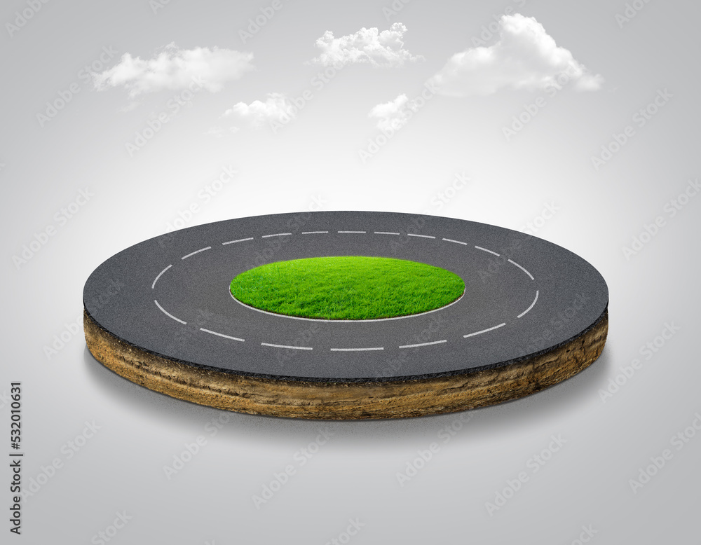 3D Illustration of Circular Road with Grass Field in the Middle. Car ...